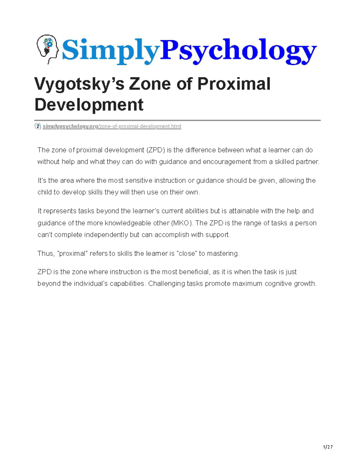 SimplyPsychology: Understanding the Zone of Proximal Development (ZPD ...