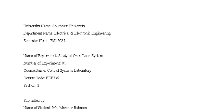 Control Systems Lab 2: Open Loop System Study - Fall 2025 - Studocu