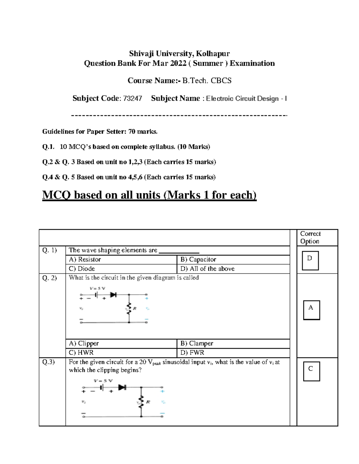 ECD-I Final Question Bank for B.Tech. Course 73247 - Studocu