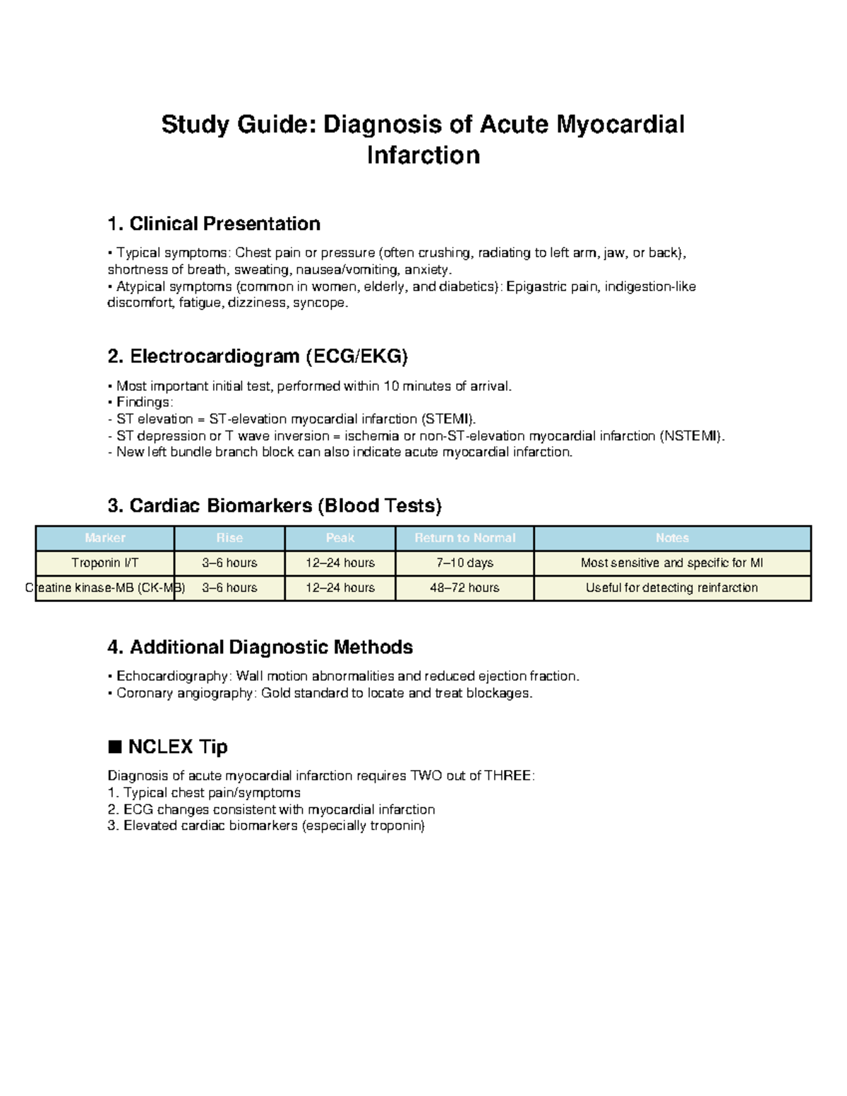 Acute MI Diagnosis Guide: Key Clinical Insights and Tests - Studocu