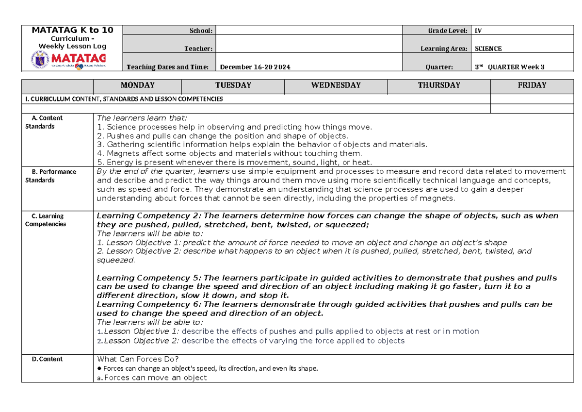 DLL Science 4 Q3 W3 - Week 3 Lesson Log on Forces and Motion - Studocu