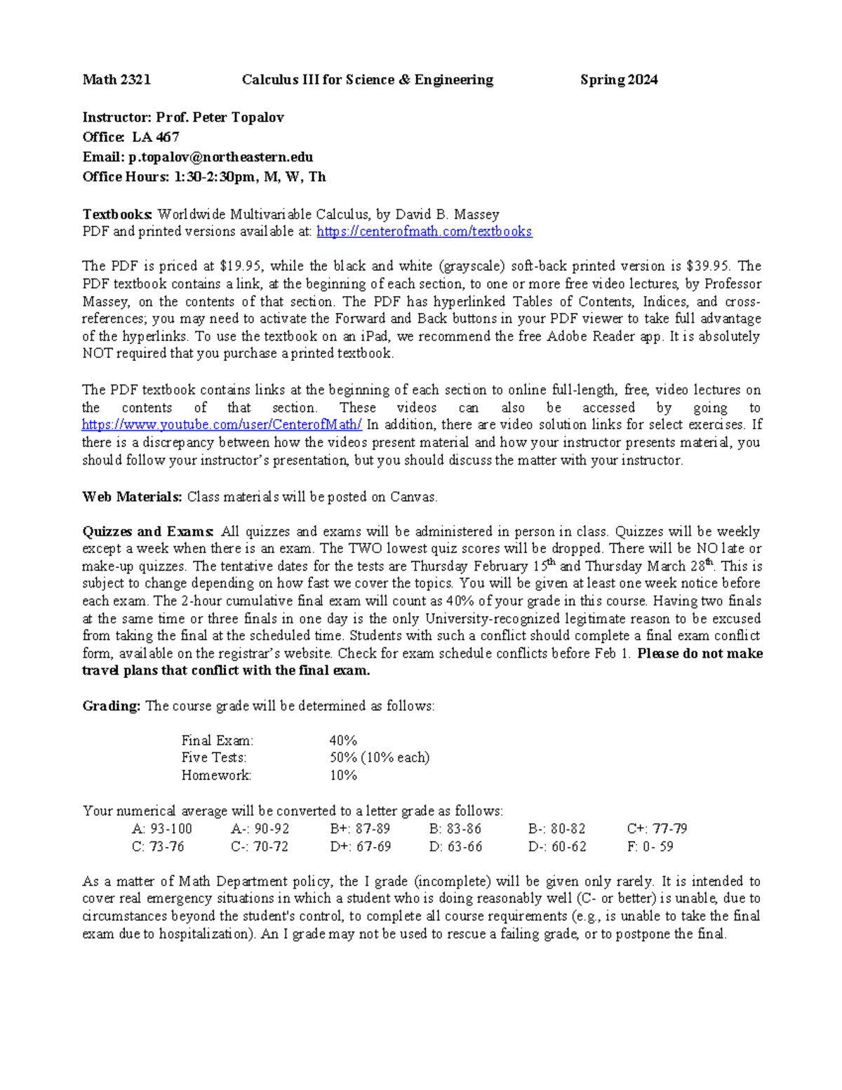 Math 2321 Spring 2024 Course Syllabus: Calculus III Overview - Studocu