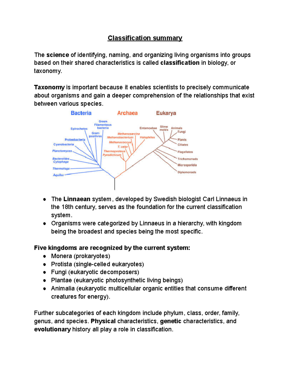 Classification summary - Taxonomy is important because it enables scientists to precisely - Studocu