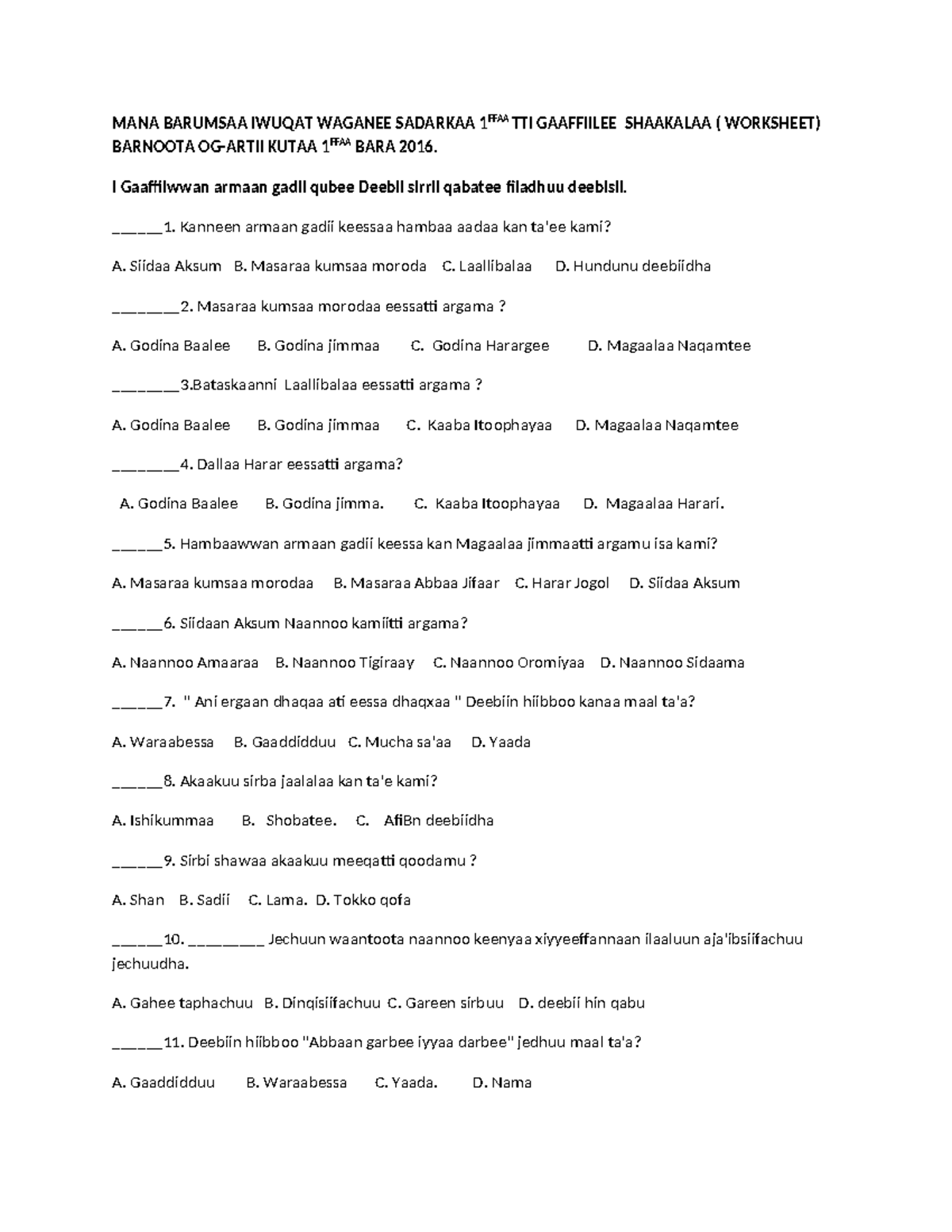 Kaayyoo Gaa'ila Og-Art 1ffaa - Worksheetii Barnoota 2016 - Studocu