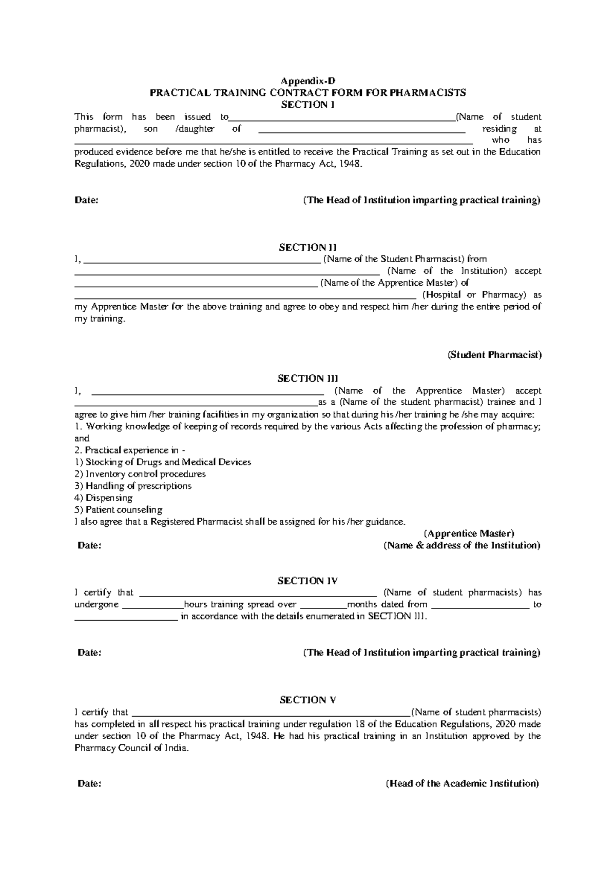 Practical Training Contract Form for Pharmacists - Appendix D - Studocu