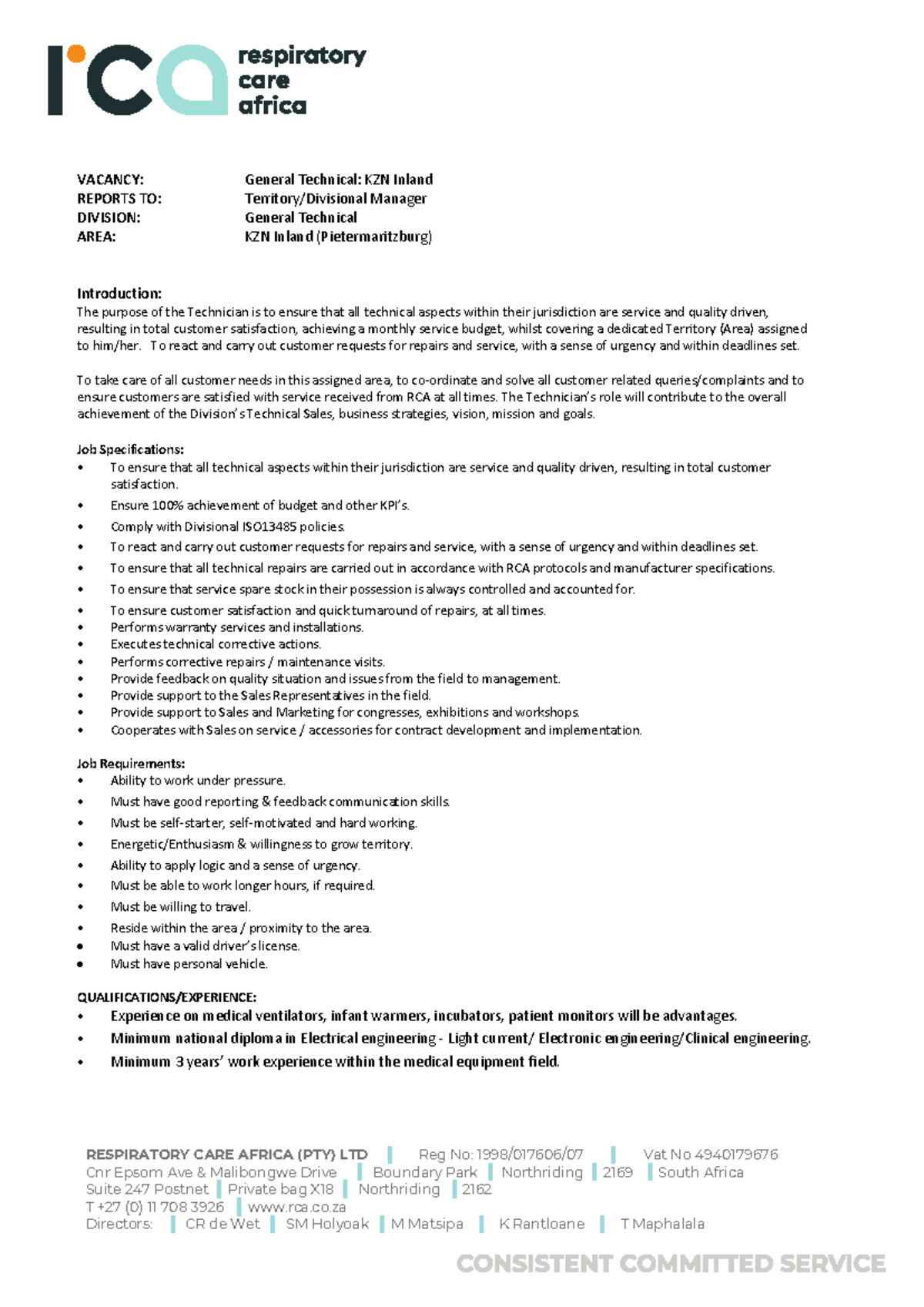 Vacancy-General Technical KZN - RESPIRATORY CARE AFRICA (PTY) LTD Reg ...