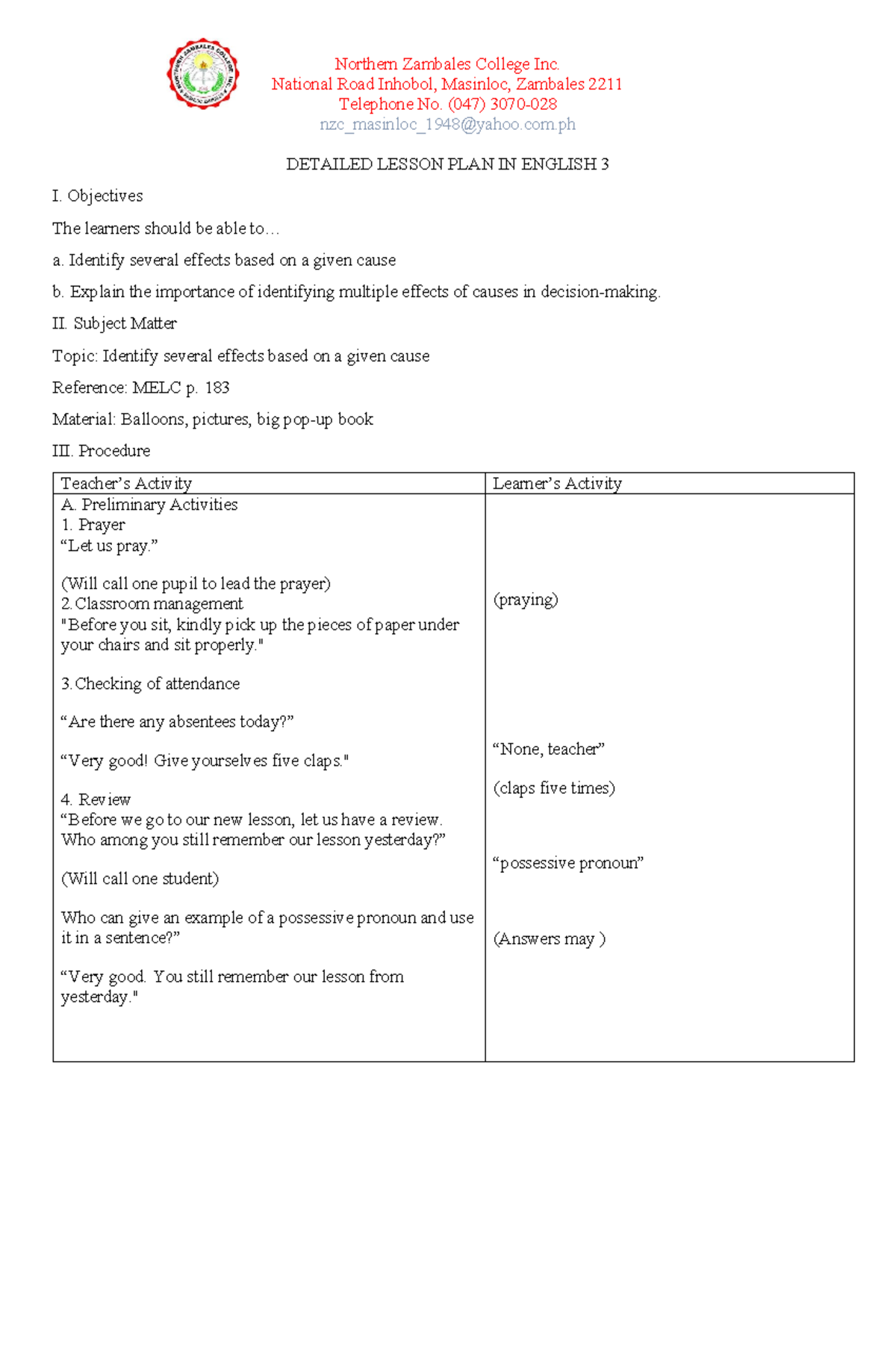 DLP-English 3: Understanding Cause and Effect in Lesson Plans - Studocu
