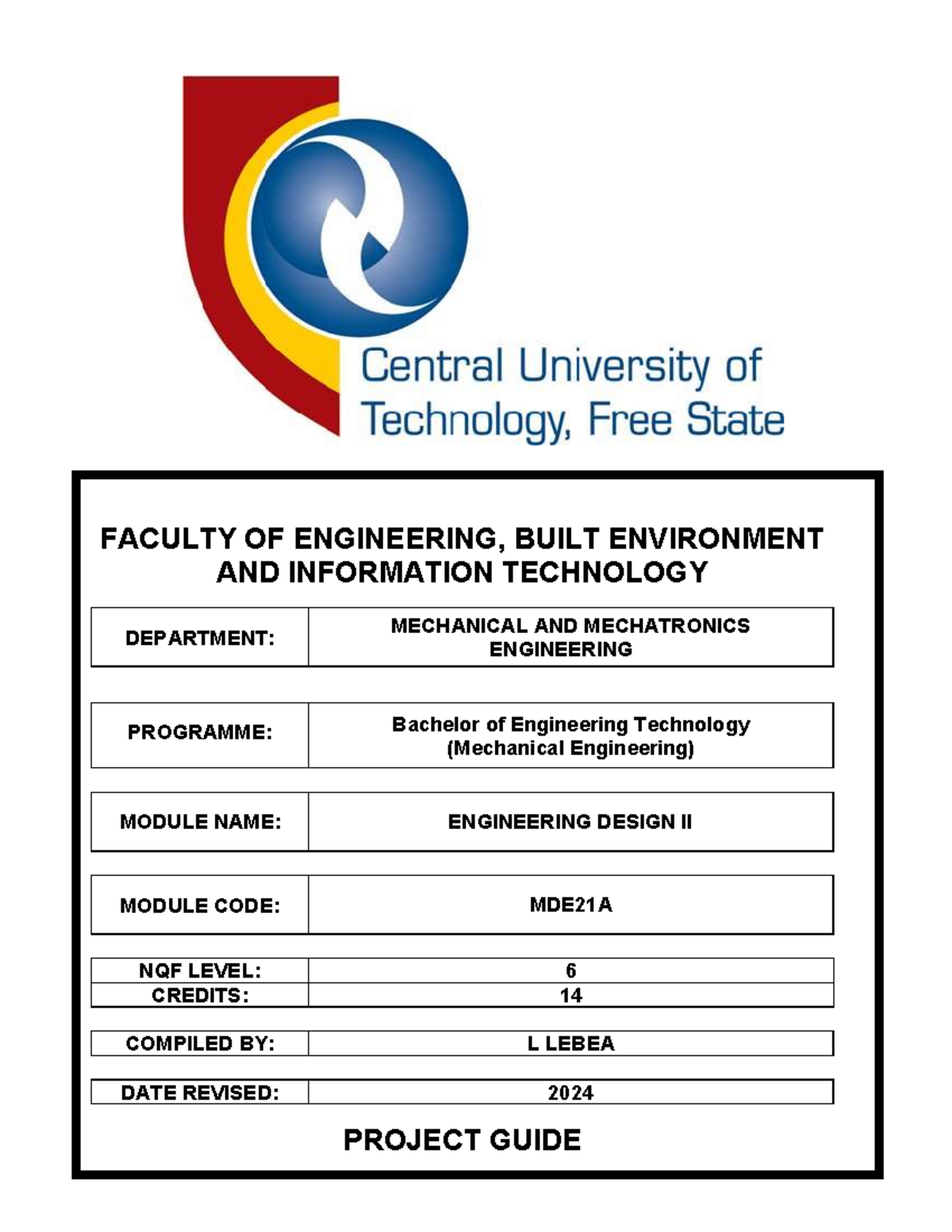 Engineering Design II - MDE21A Project Guide 2024 - Studocu