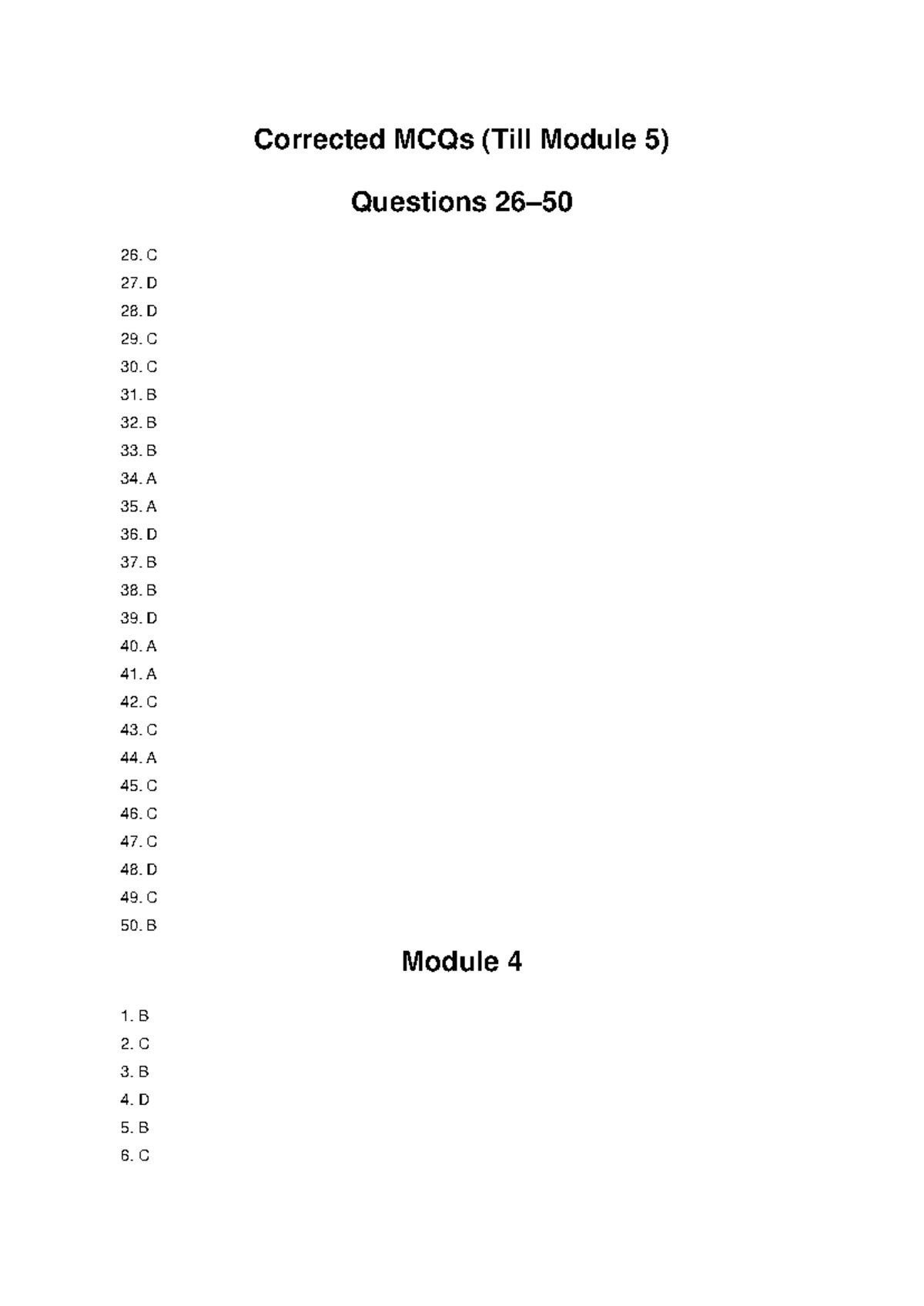 Corrected MCQs for Modules 1-5 (Questions 26-50) - Studocu