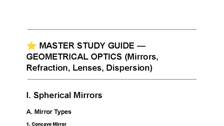 Chapter 26 Study Guide: Geometrical Optics (Mirrors, Lenses, Refraction) - Studocu