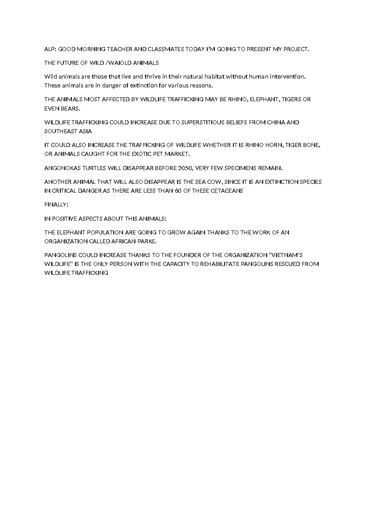 Inter 01 texto de ALP, Future, wild animals- ALP: GOOD MORNING TEACHER ...