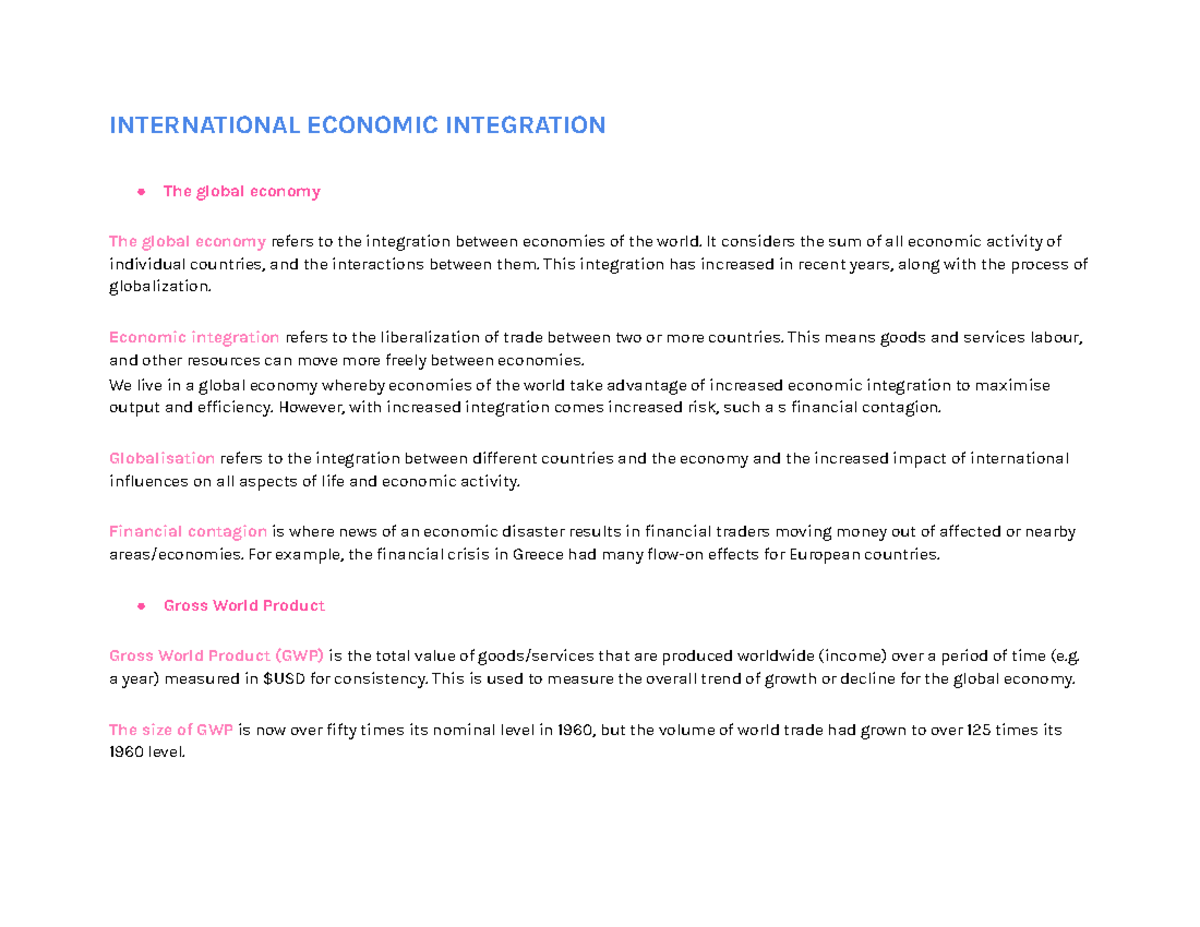 Economics - Topic 1 - International Economic Integration Overview - Studocu