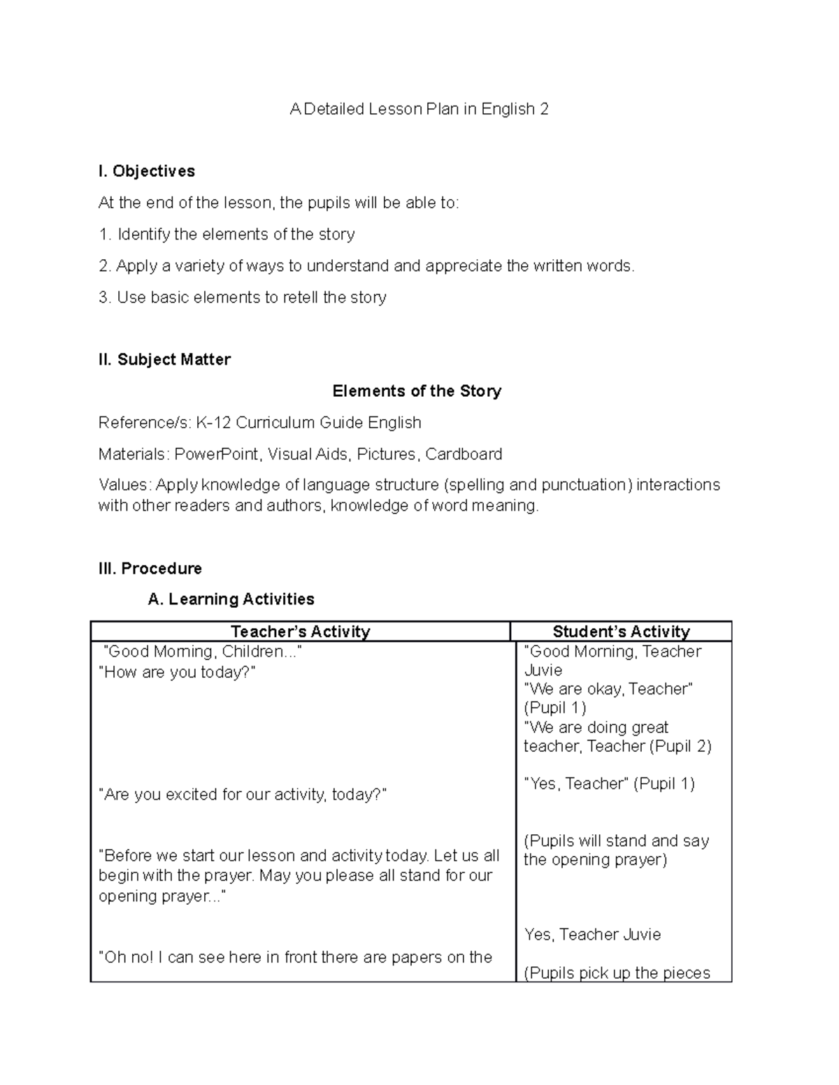 Detailed Lesson Plan: Understanding Story Elements in English 2 - Studocu