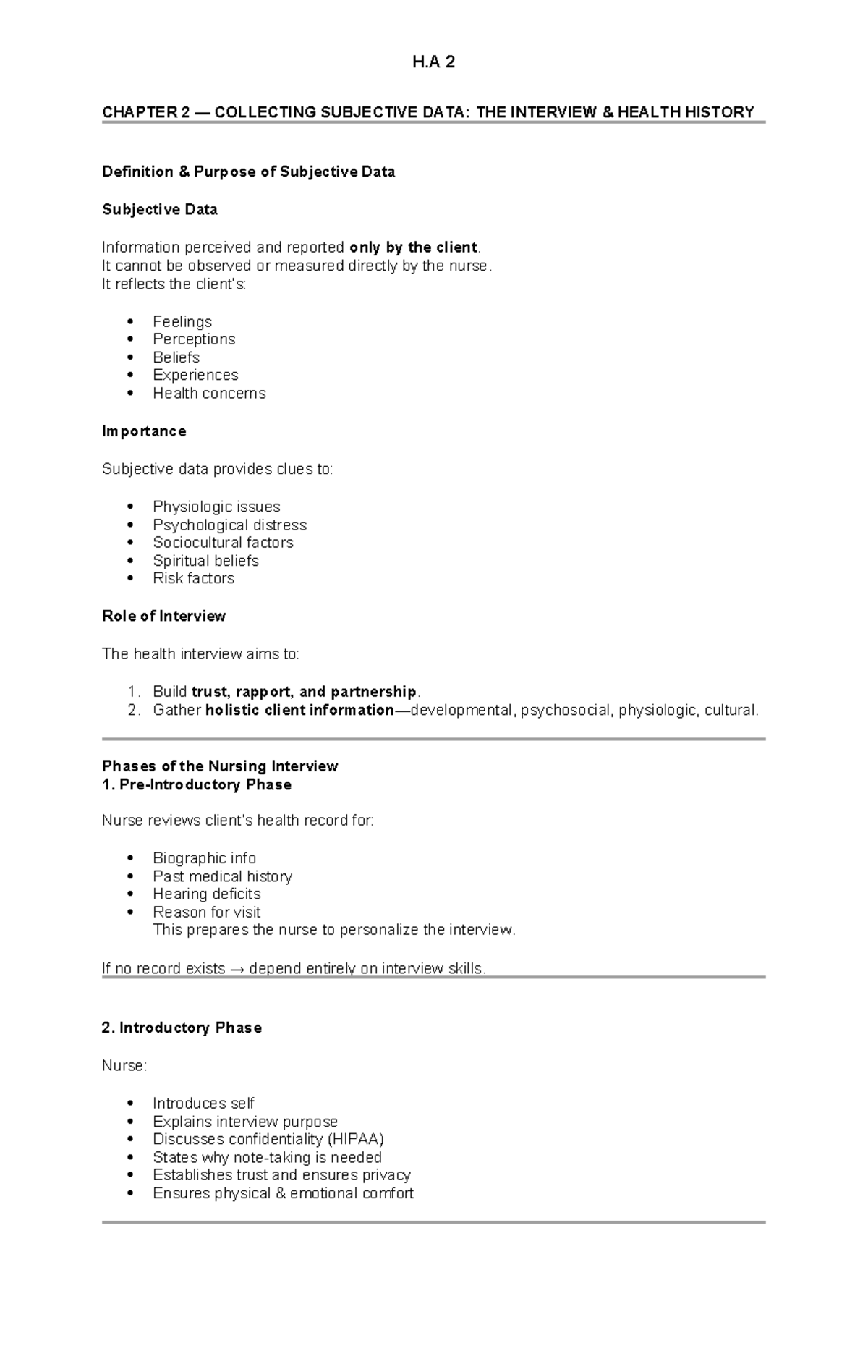 H.A 2 CHAPTER 2: COLLECTING SUBJECTIVE DATA IN HEALTH INTERVIEWS - Studocu