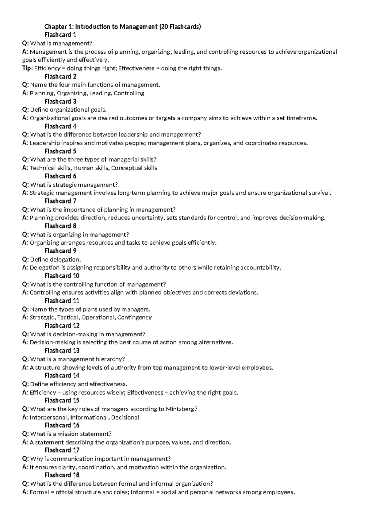 Flashcards for Chapter 1: Intro to Management (20 Cards) - Studocu
