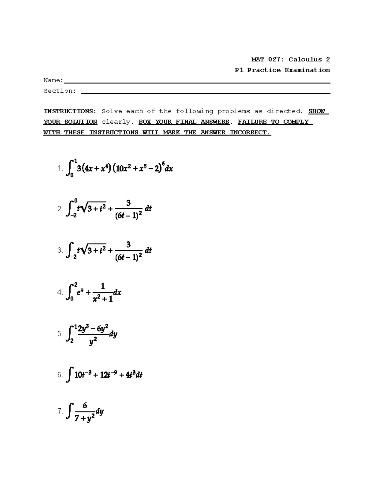 MAT 027: Calculus 2 P1 Practice Test Solutions - Studocu