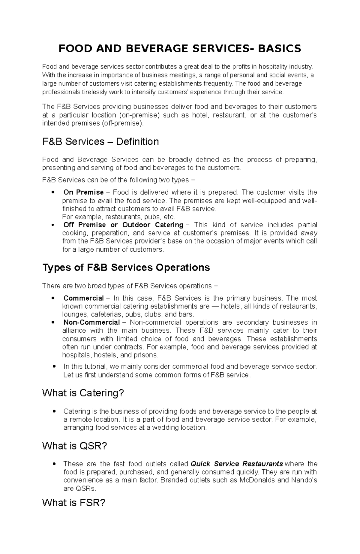 Definition of food and beverage service store