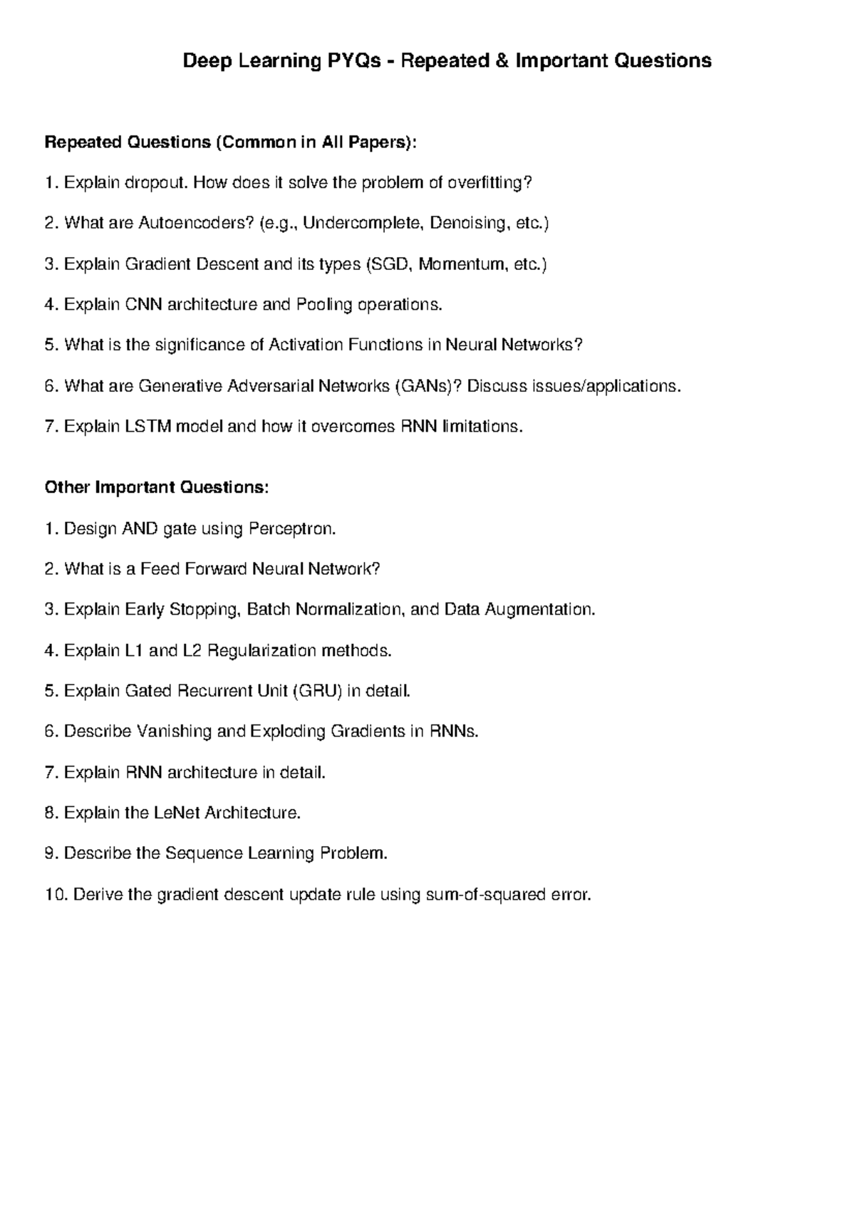 Deep Learning PYQs: Key Concepts and Important Questions - Studocu