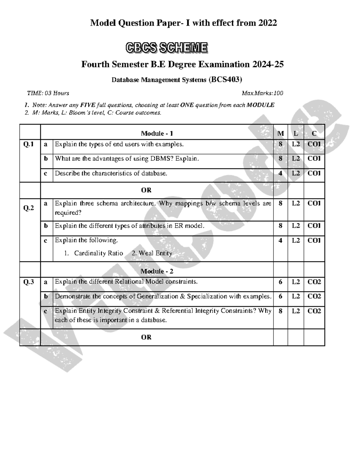 Model Question Set I for B.E. in DBMS (BCS403) - 2022 Exam - Studocu