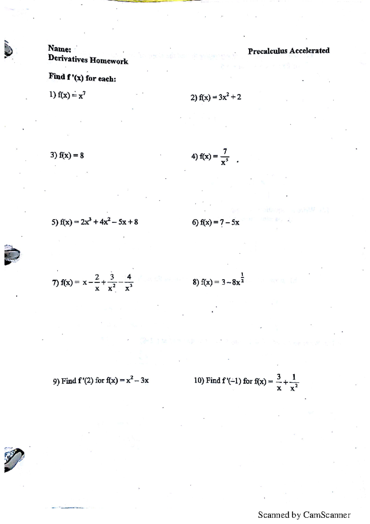 2.Power rule HW 3 - 2.Power rule HW 3 Assignment - Name: Precalculus Accelerated Derivatives ...