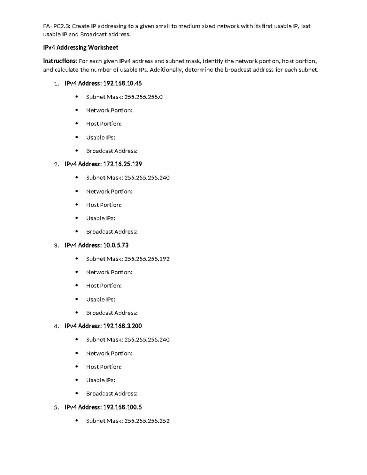 PC2.3: IPv4 Addressing Worksheet for Small to Medium Networks - Studocu