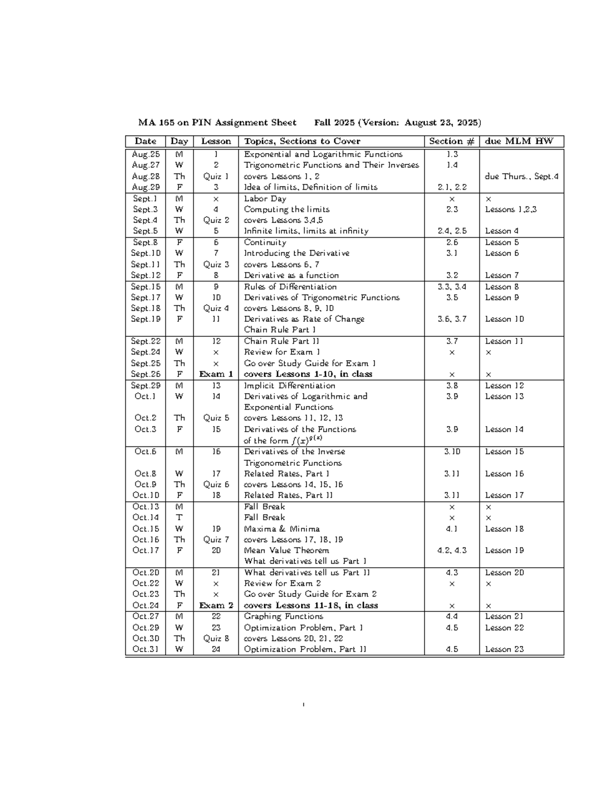 MA 165 Fall 2025 Assignment Sheet & Quiz Schedule - Studocu
