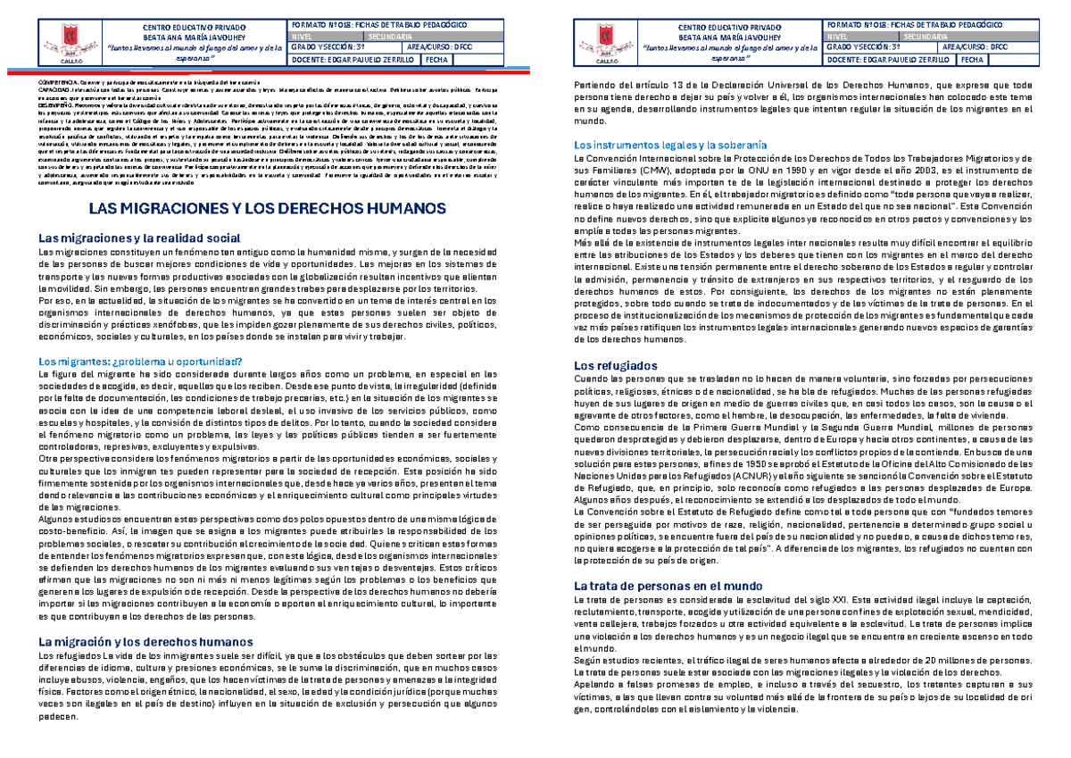 FICHAS DE TRABAJO PEDAGÓGICO: MIGRACIONES Y DERECHOS HUMANOS 3º DPCC - Studocu
