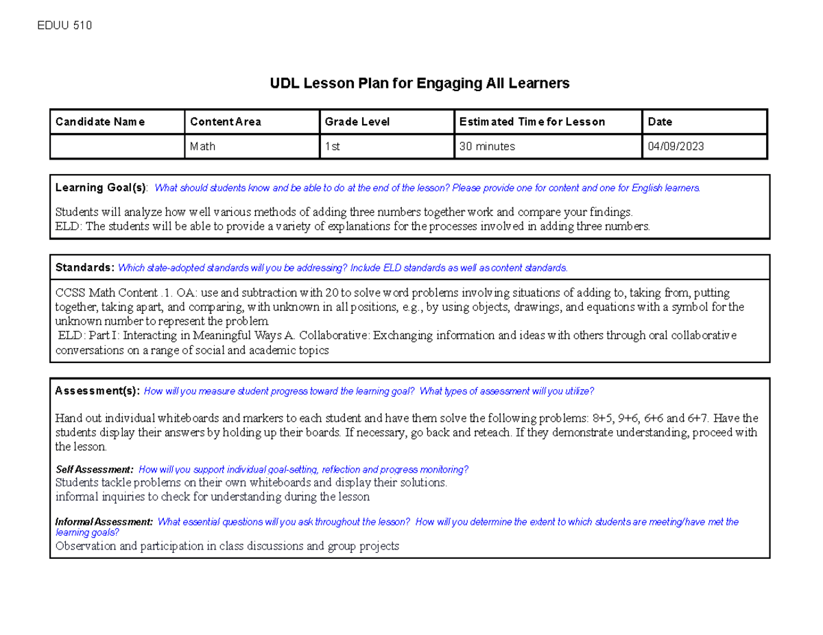 EDUU 510 Week 5 UDL Lesson Plan: Engaging Learners in Math - Studocu