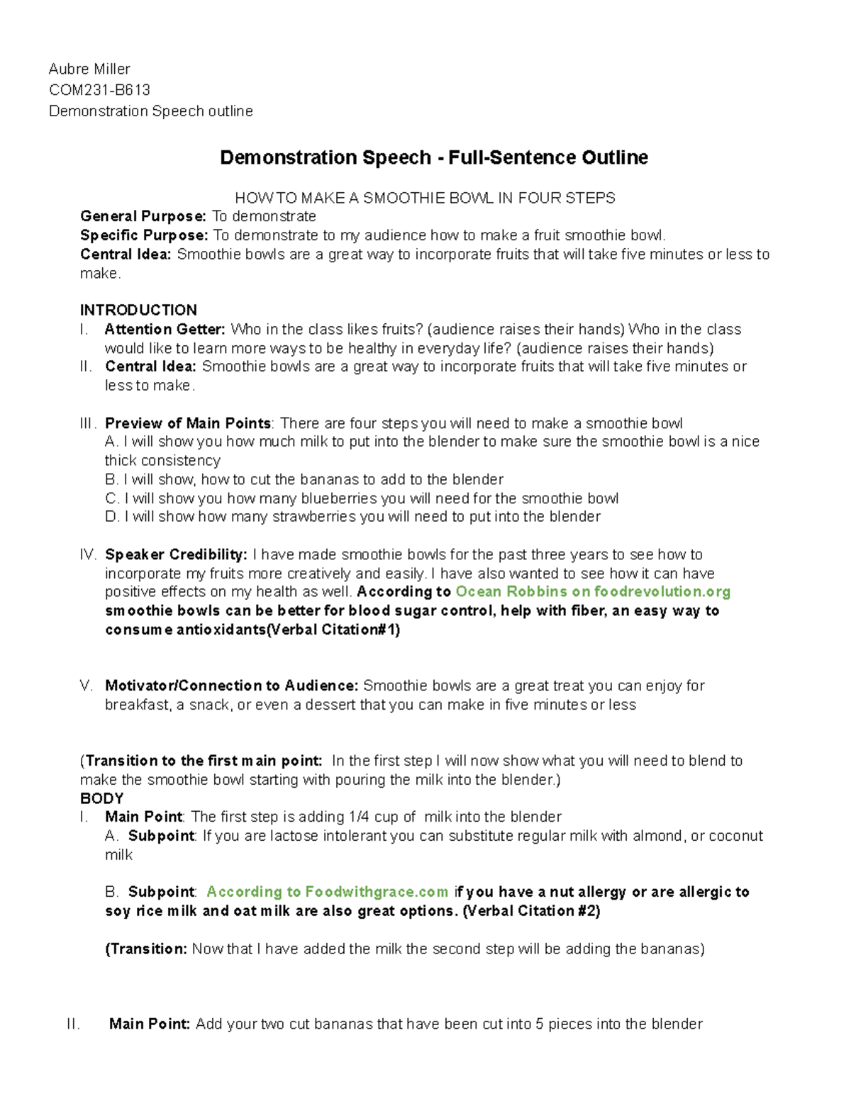 Demonstration Speech Outline - Aubre Miller COM231-B Demonstration ...