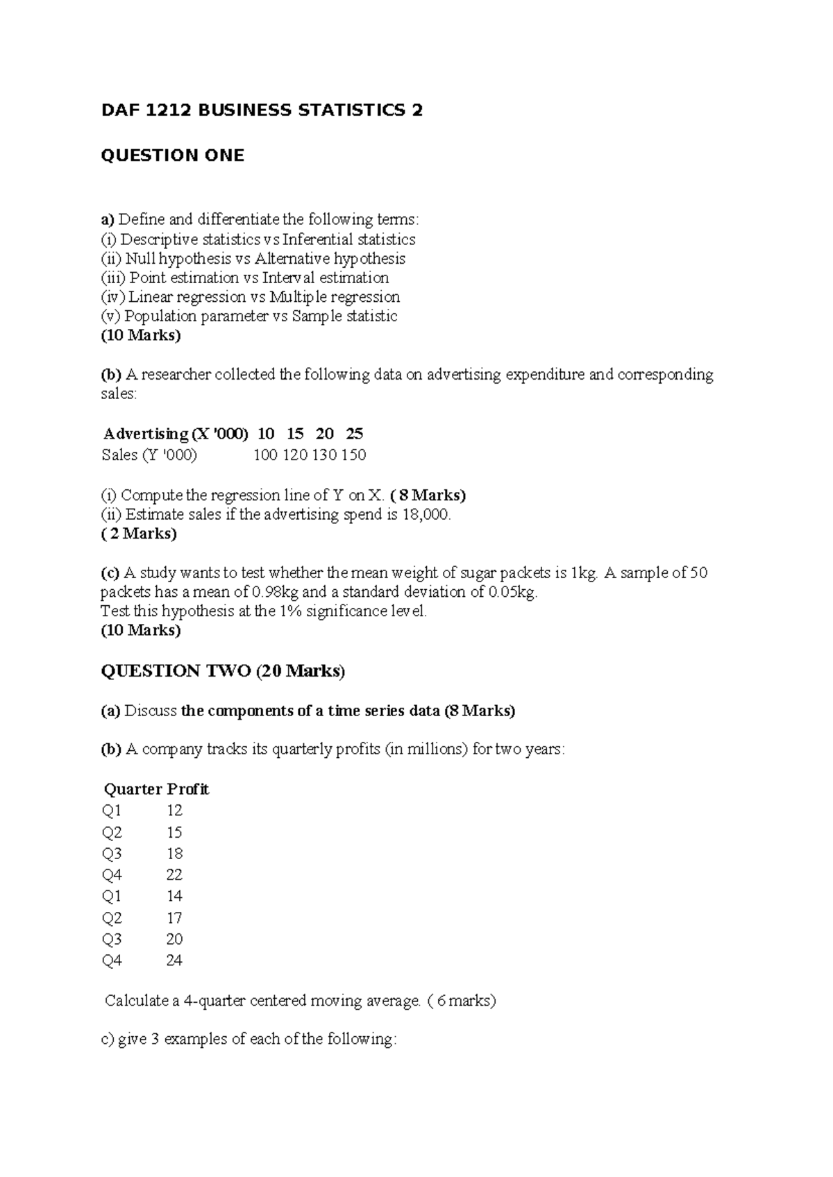 DAF 1212 Business Statistics 2 Assignment: Key Concepts & Analysis ...