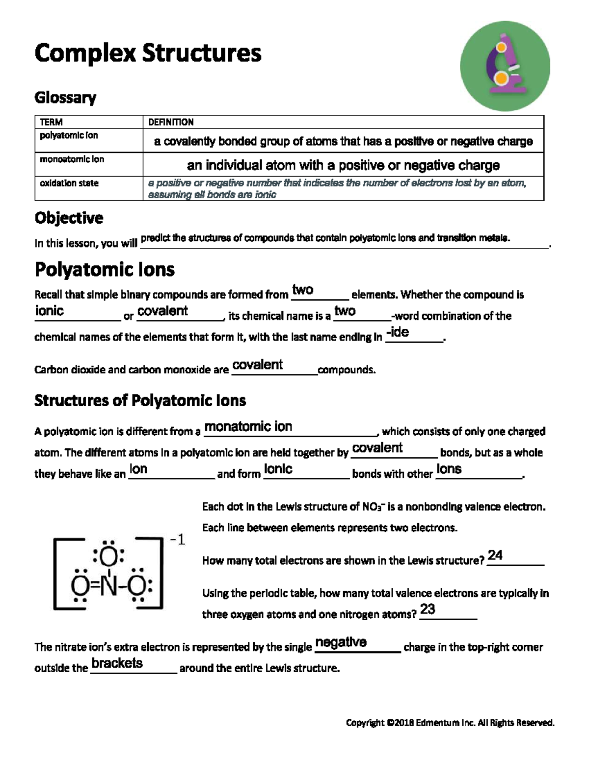 Complex Structures Glossary: Polyatomic Ions & Transition Metals - Studocu