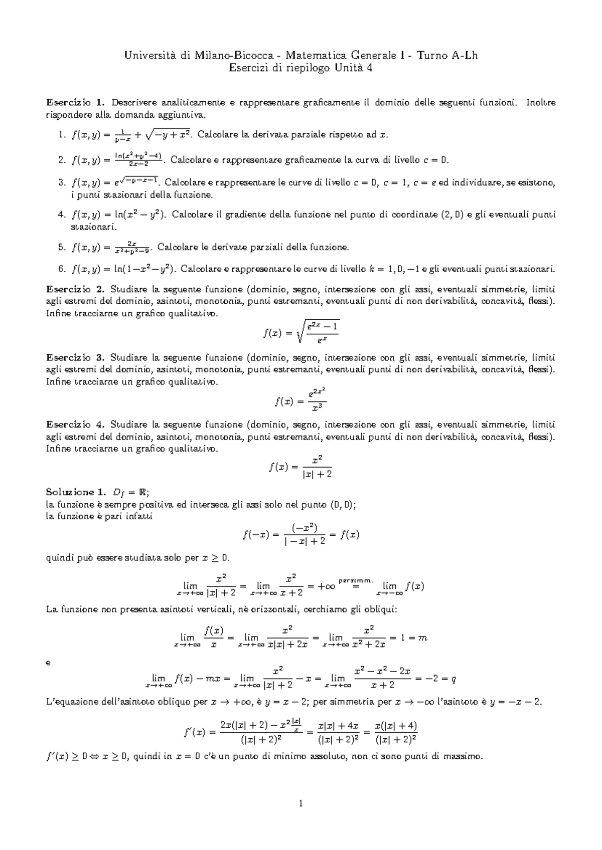 Riepilogo Esercizi di Matematica Generale I - Unità 4 - Studocu