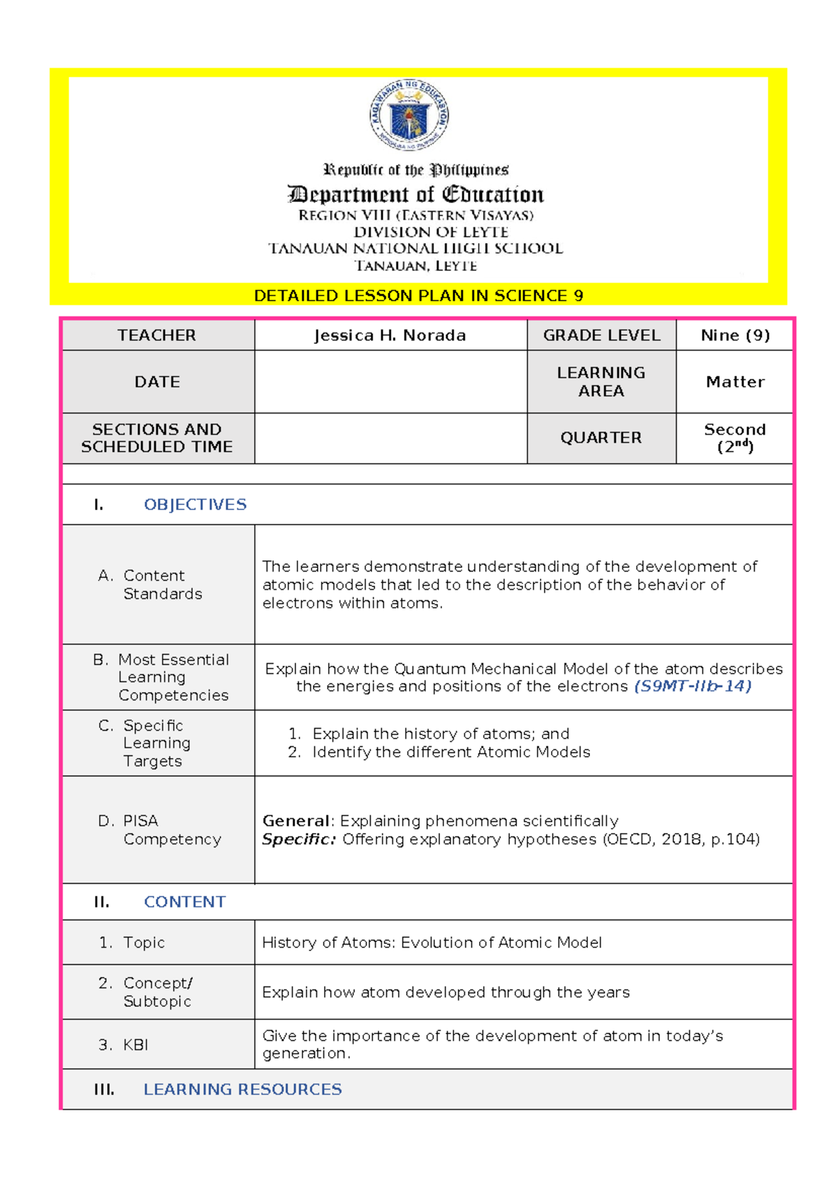 Detailed Lesson Plan: Evolution of Atomic Models (Sci 9 - 2nd Quarter ...