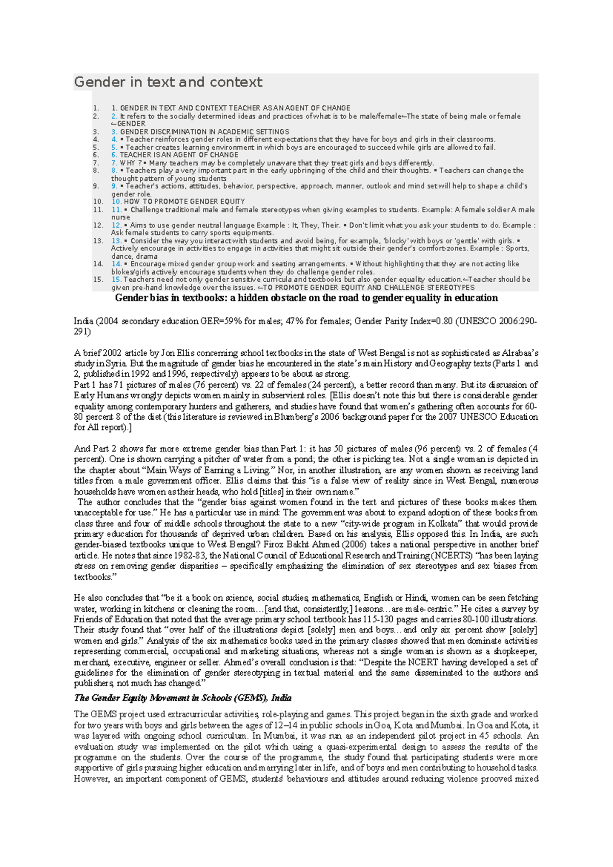 Gender in Text and Context: Teacher's Role in Promoting Equity - Studocu