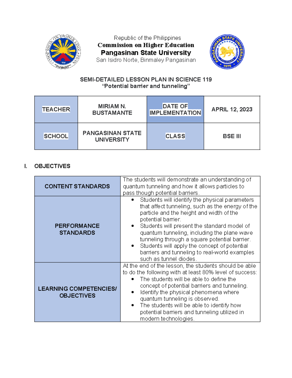 Physics Lesson Plan - Republic of the Philippines Commission on Higher ...