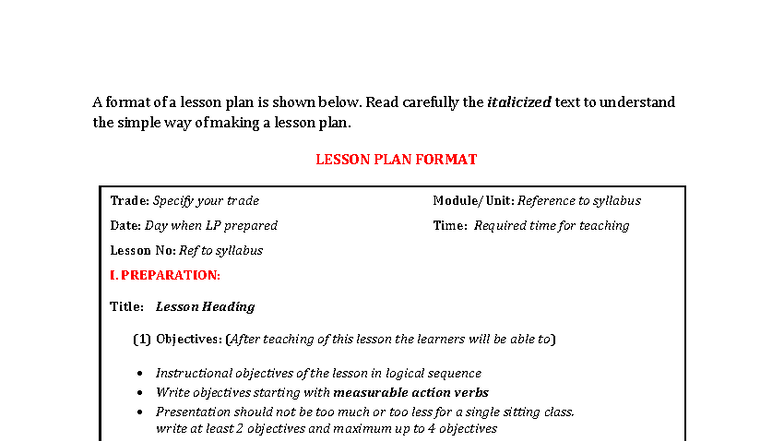 Lesson Plan Format Guide for Trade Courses - Studocu