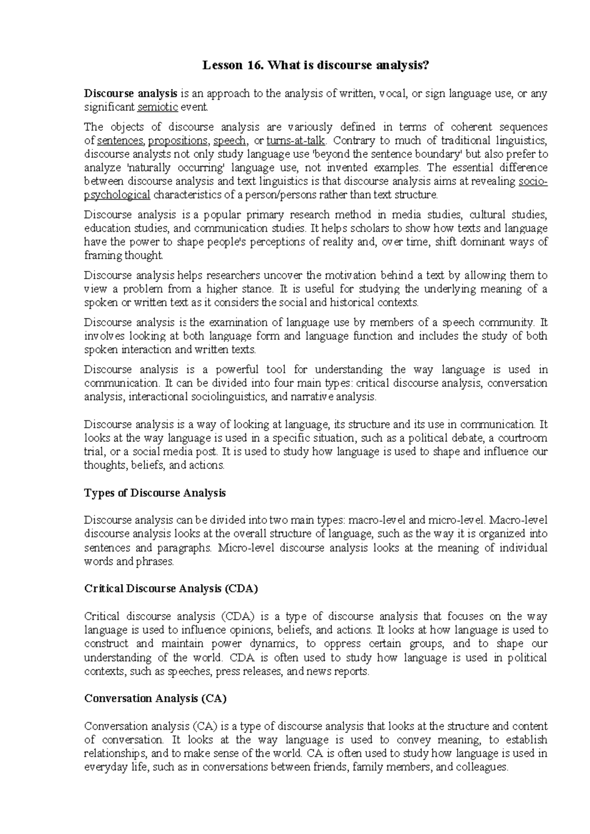 Lesson 16: Understanding Discourse Analysis and Its Types - Studocu