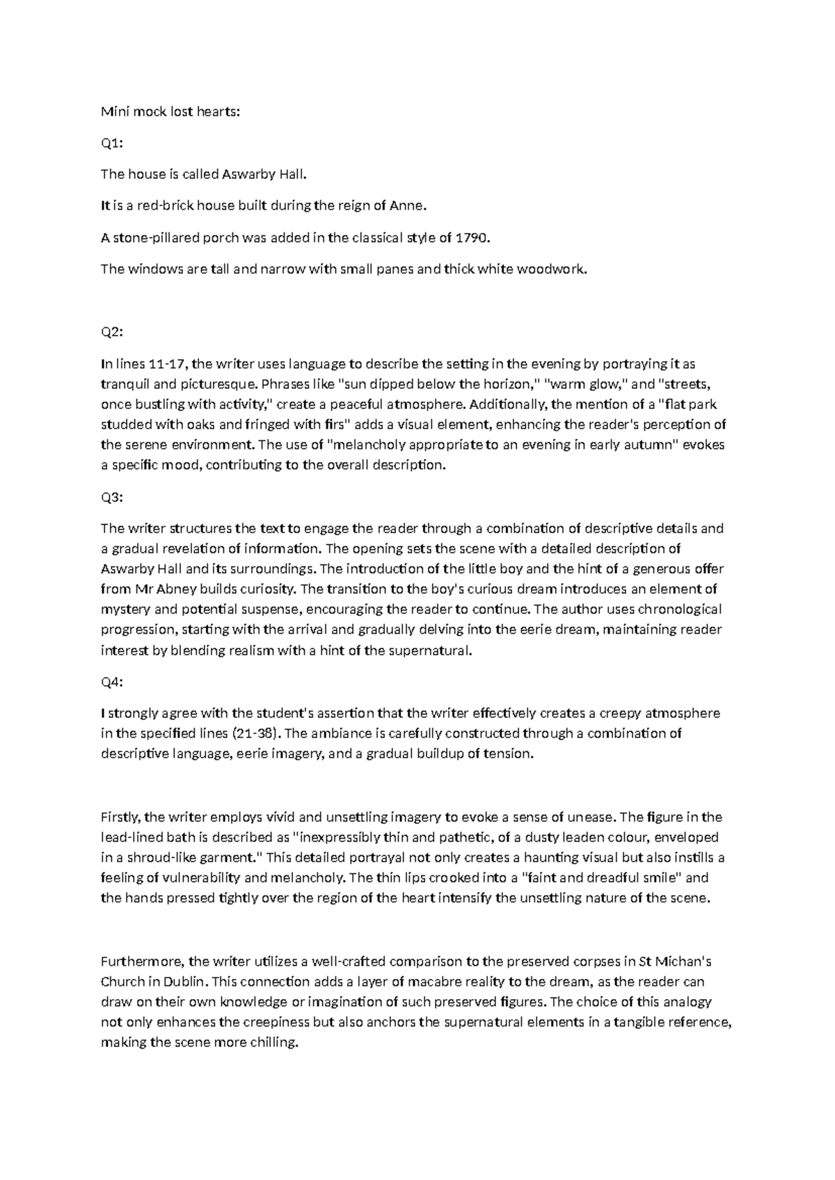 Mini Mock Essay: Lost Hearts Analysis for English Literature - Studocu