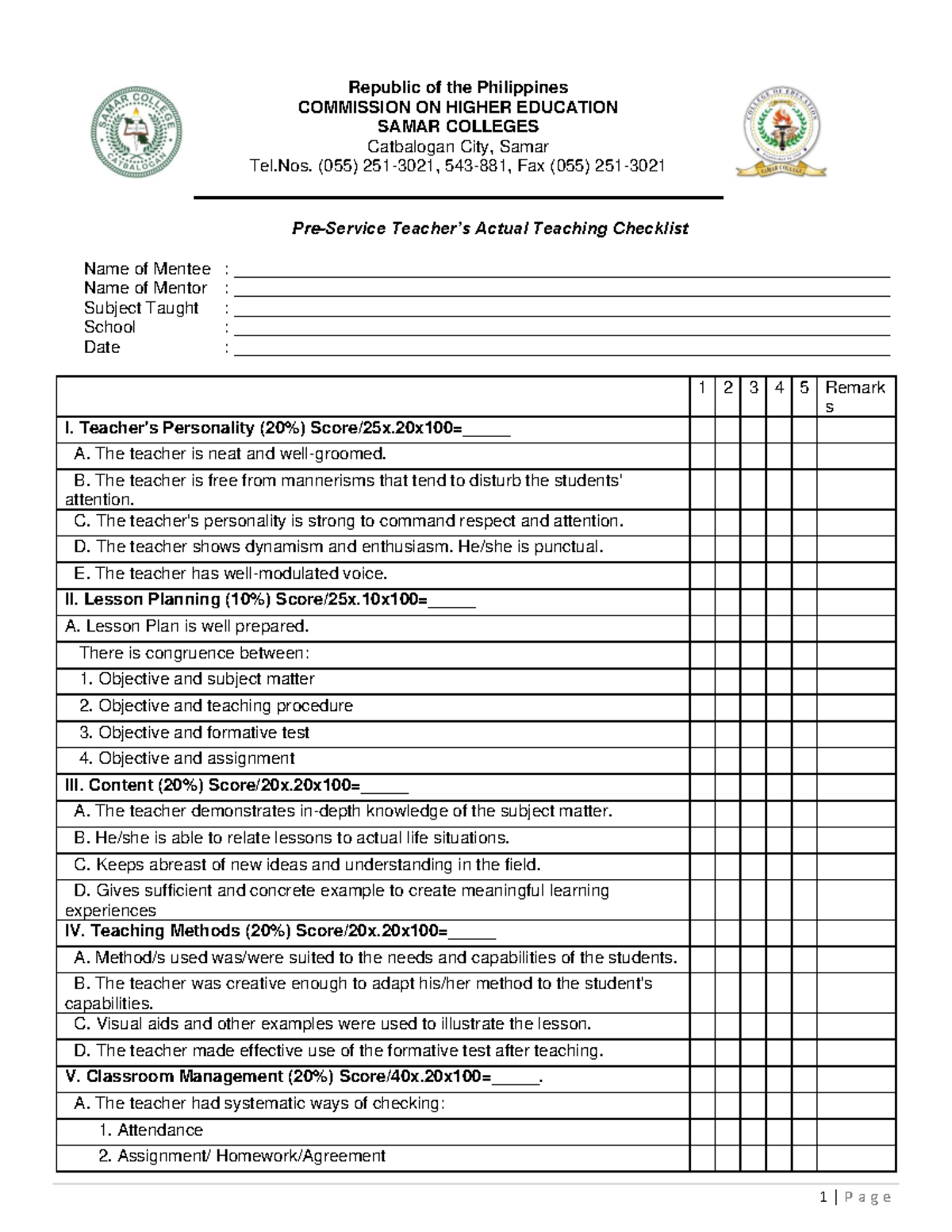 Pre-Service Teaching Actual Teaching Checklist: Evaluation Guide - Studocu