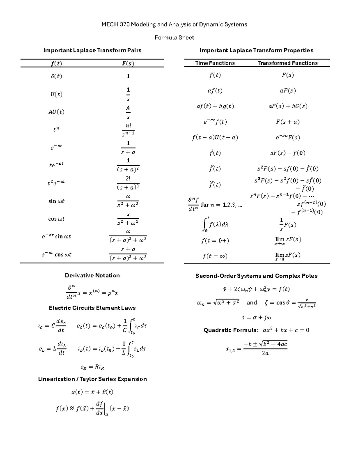 MECH 370 Dynamic Systems Formula Sheet: Key Laplace Transforms ...