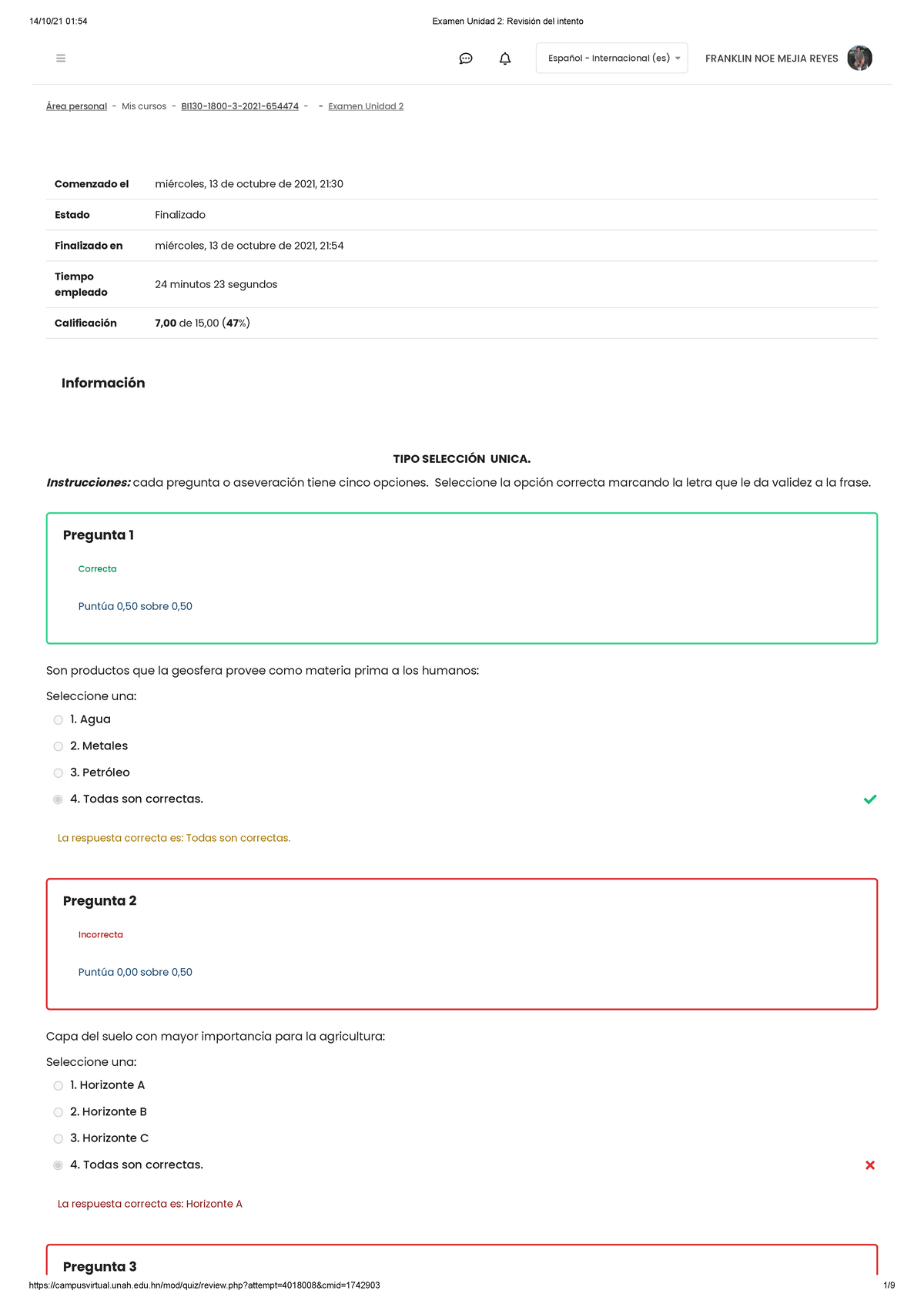 Examen Unidad 2 Revisión del intento - Mis cursos - Español ...