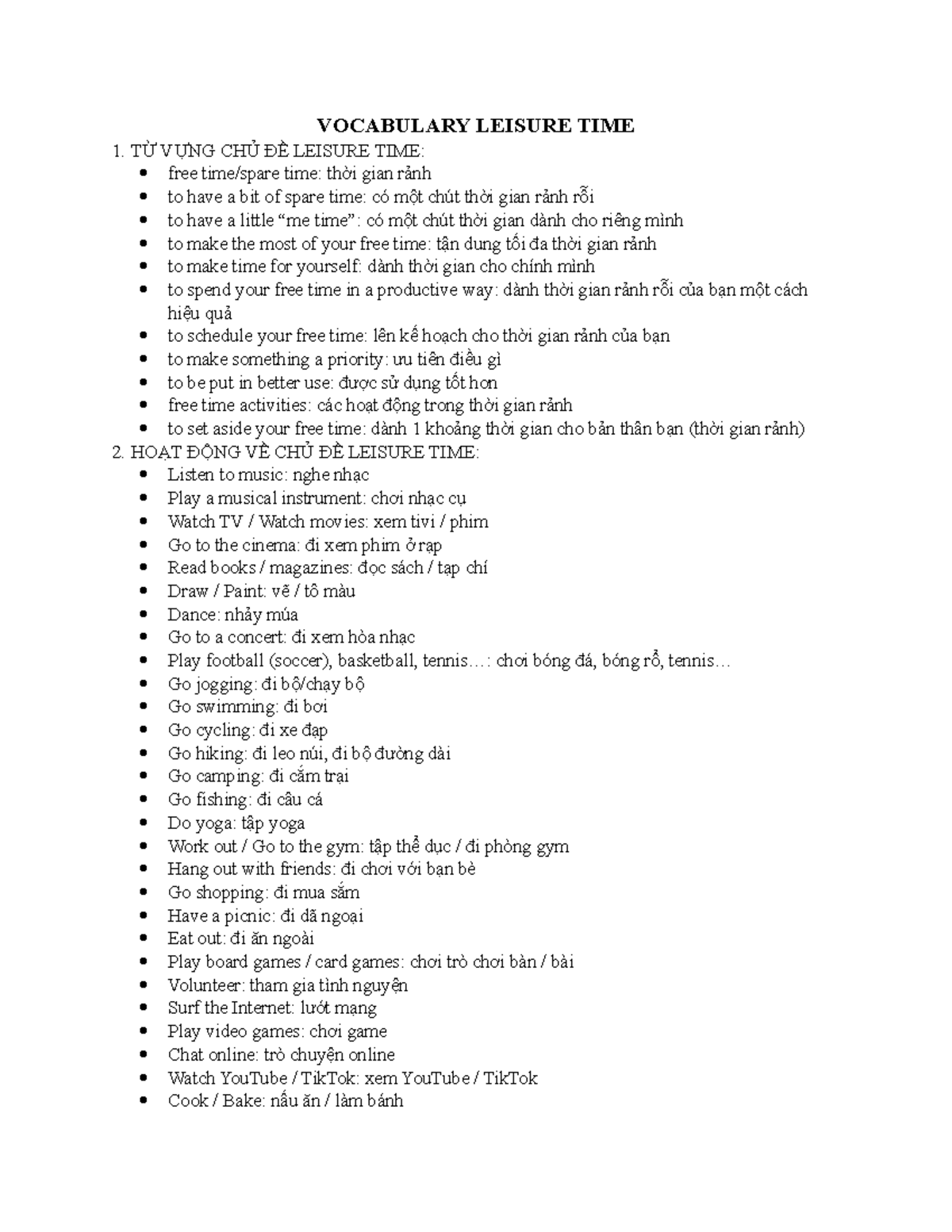 Vocabulary on Leisure Time: Key Terms and Activities - Studocu