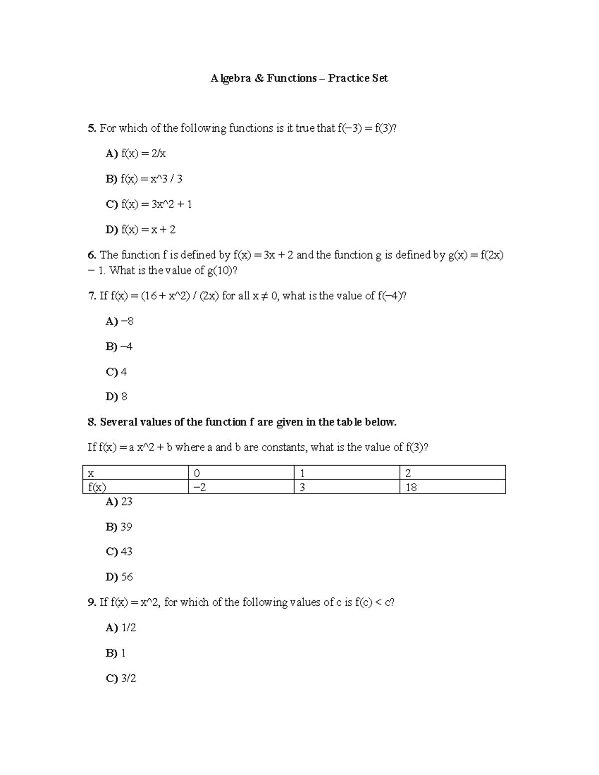 Algebra Functions Practice Set 5: Function Evaluation Problems ...