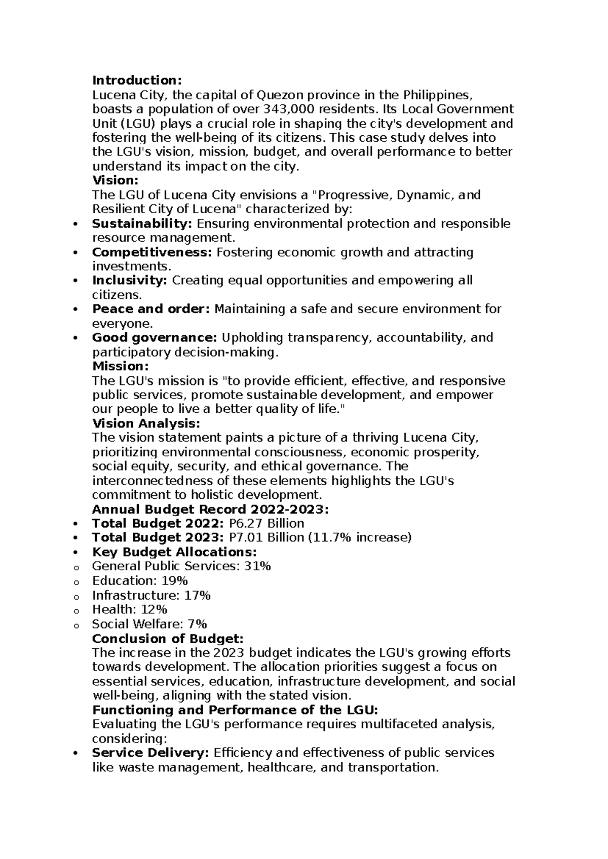Case Study - LGU Performance in Lucena City: Vision, Mission & Budget ...