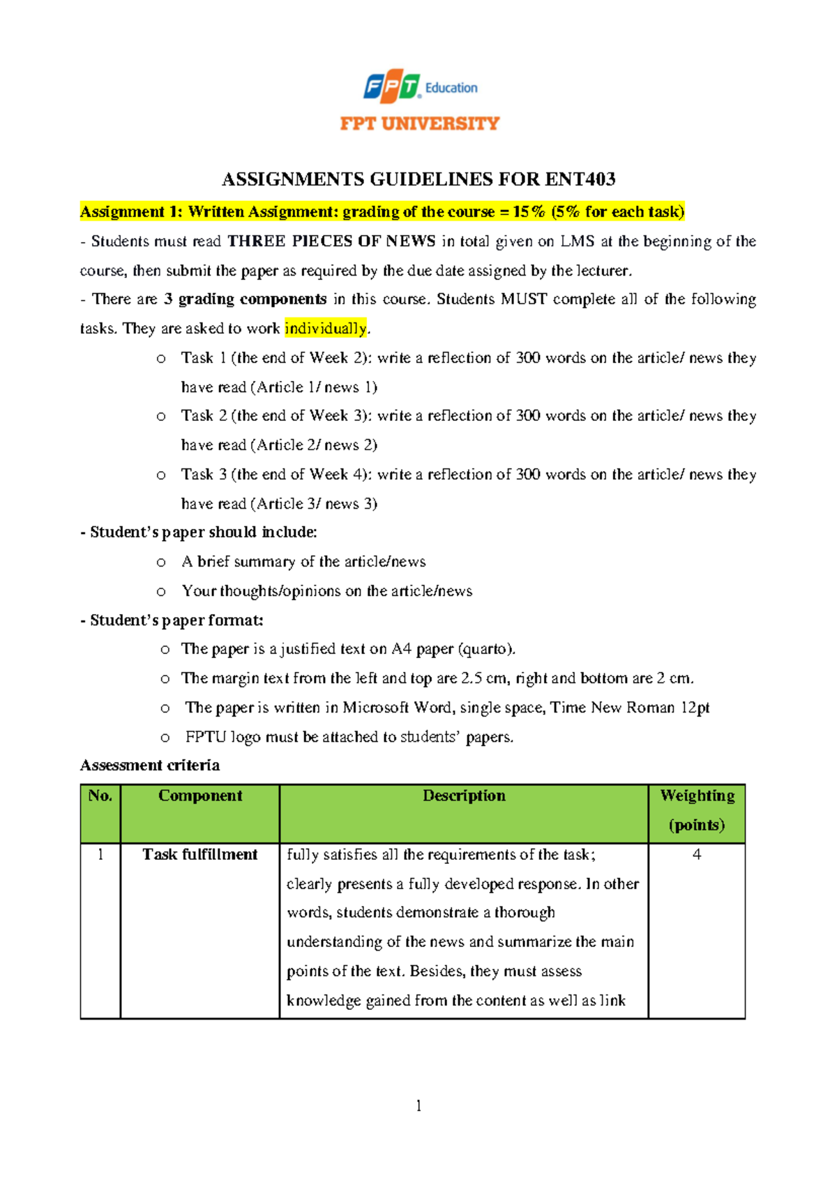 ENT403 Assignment SP23 - ASSIGNMENTS GUIDELINES FOR ENT Assignment 1 ...