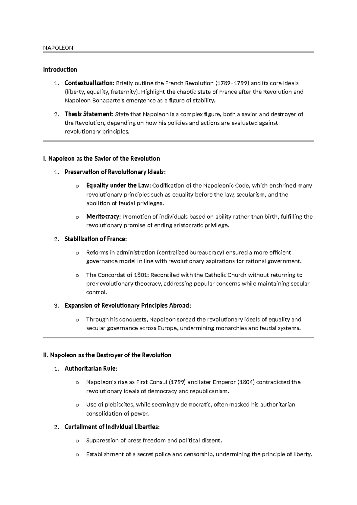 Napoleon - NAPOLEON Introduction 1. Contextualization: Briefly outline ...