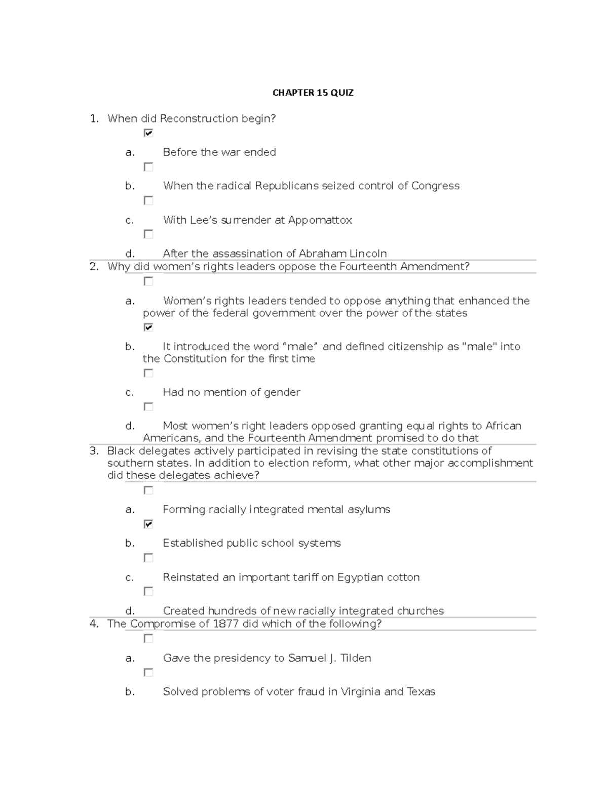 Chapter 15 Quiz with Answers - Reconstruction Era Insights - Studocu