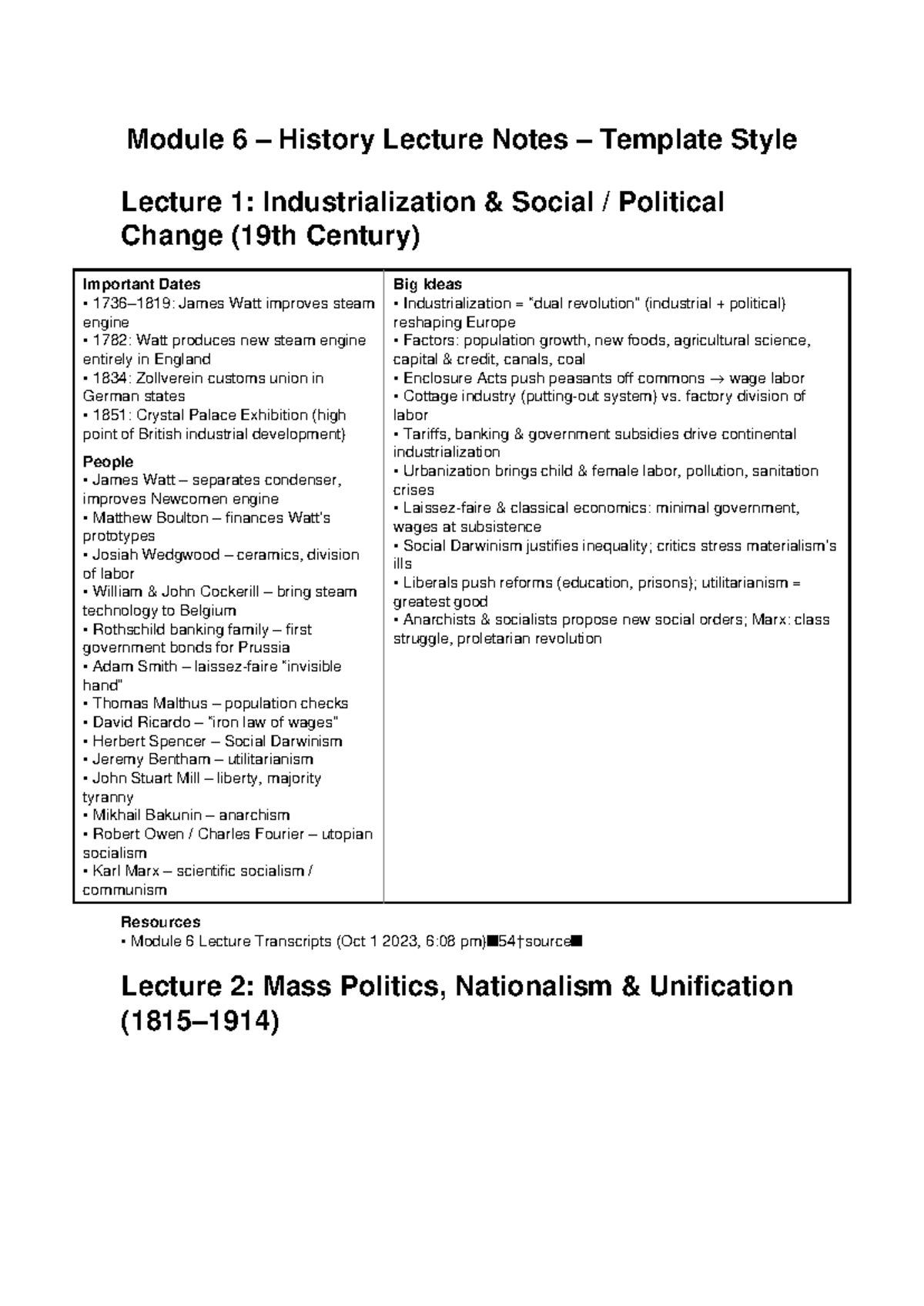 Module 6 History Lecture Notes: Industrialization & Social Change (19th ...