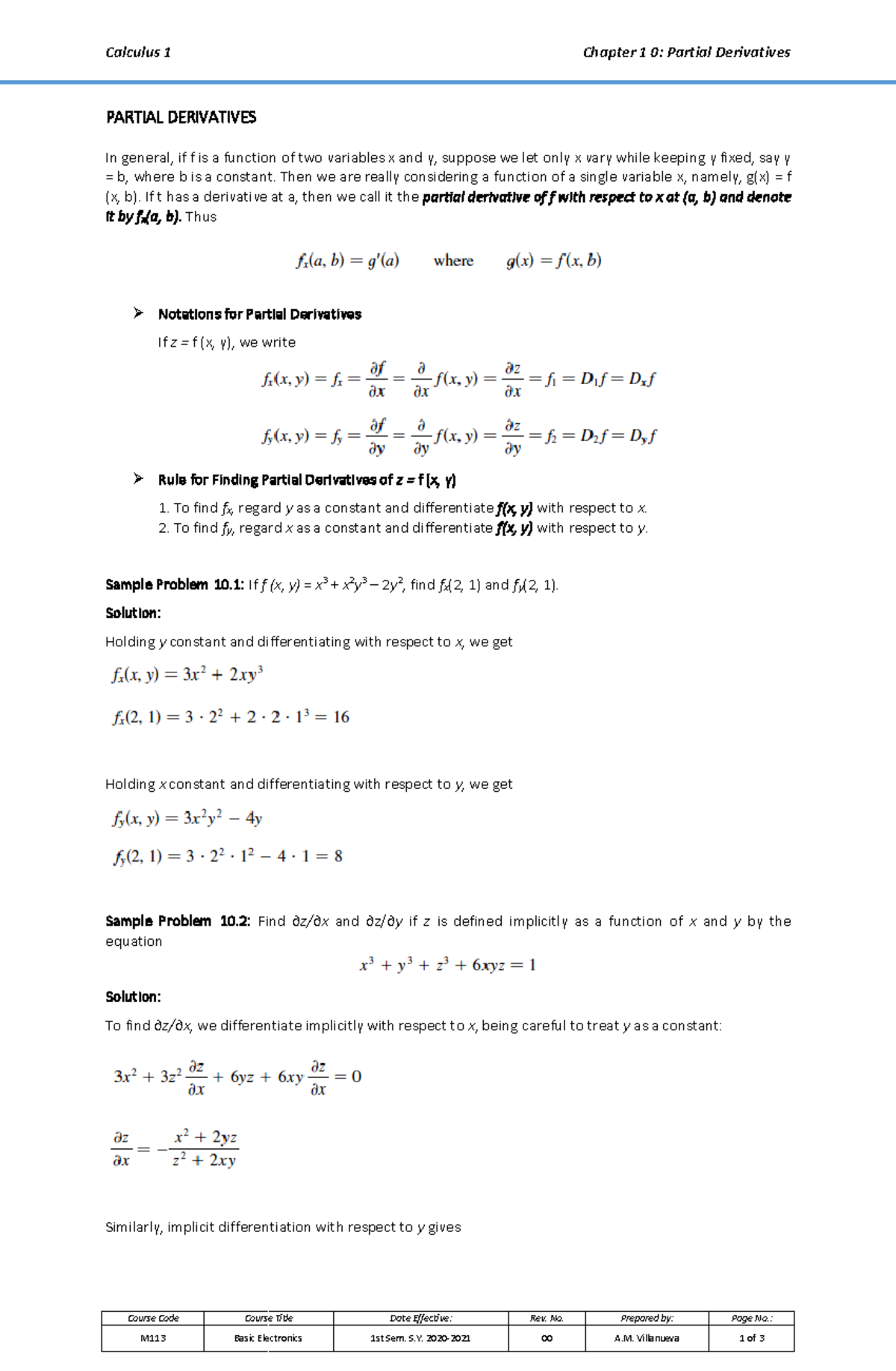 Module 10 Partial Derivatives - Calculus 1 Chapter 1 0 : Partial Derivatives Course Code Course ...