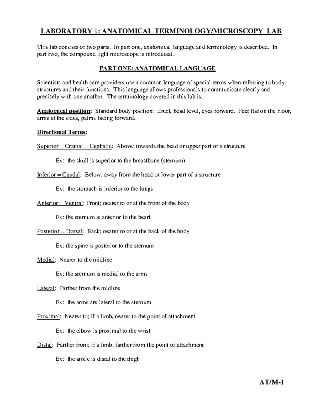 Anatomical Terminology & Microscope Use Lab (AT/M-1) - Studocu
